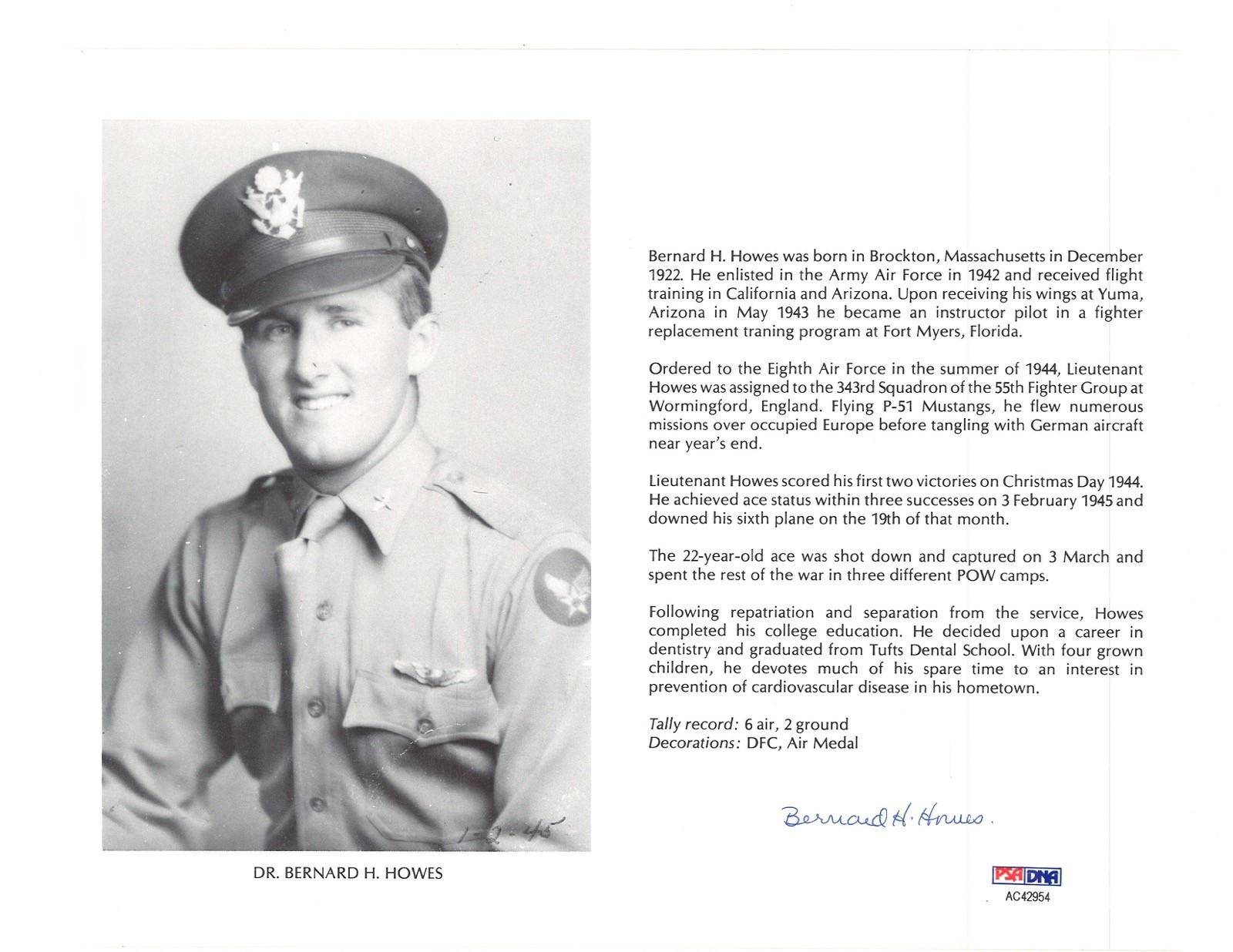 BERNARD HOWES SIGNED 8X10 (D) PSA DNA AC42954 WWII ACE 6V | eBay