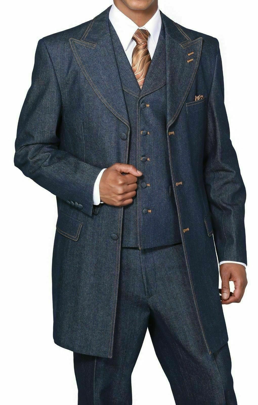 Men Blue Black 100% Denim Suits 3 Pieces Daily Wear Business Sport ...