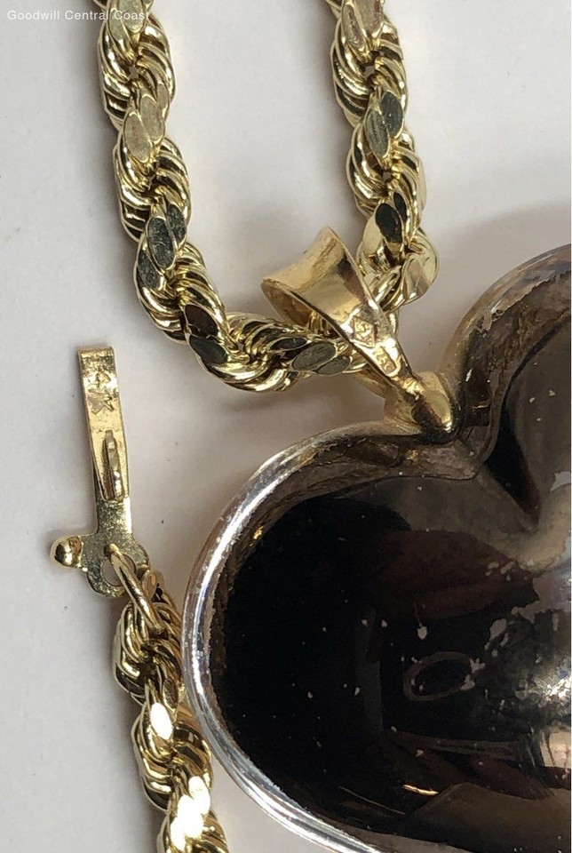 14Kt Gold Rope Chain Necklace 18K Gold Bail Heart Glass Pendant | eBay