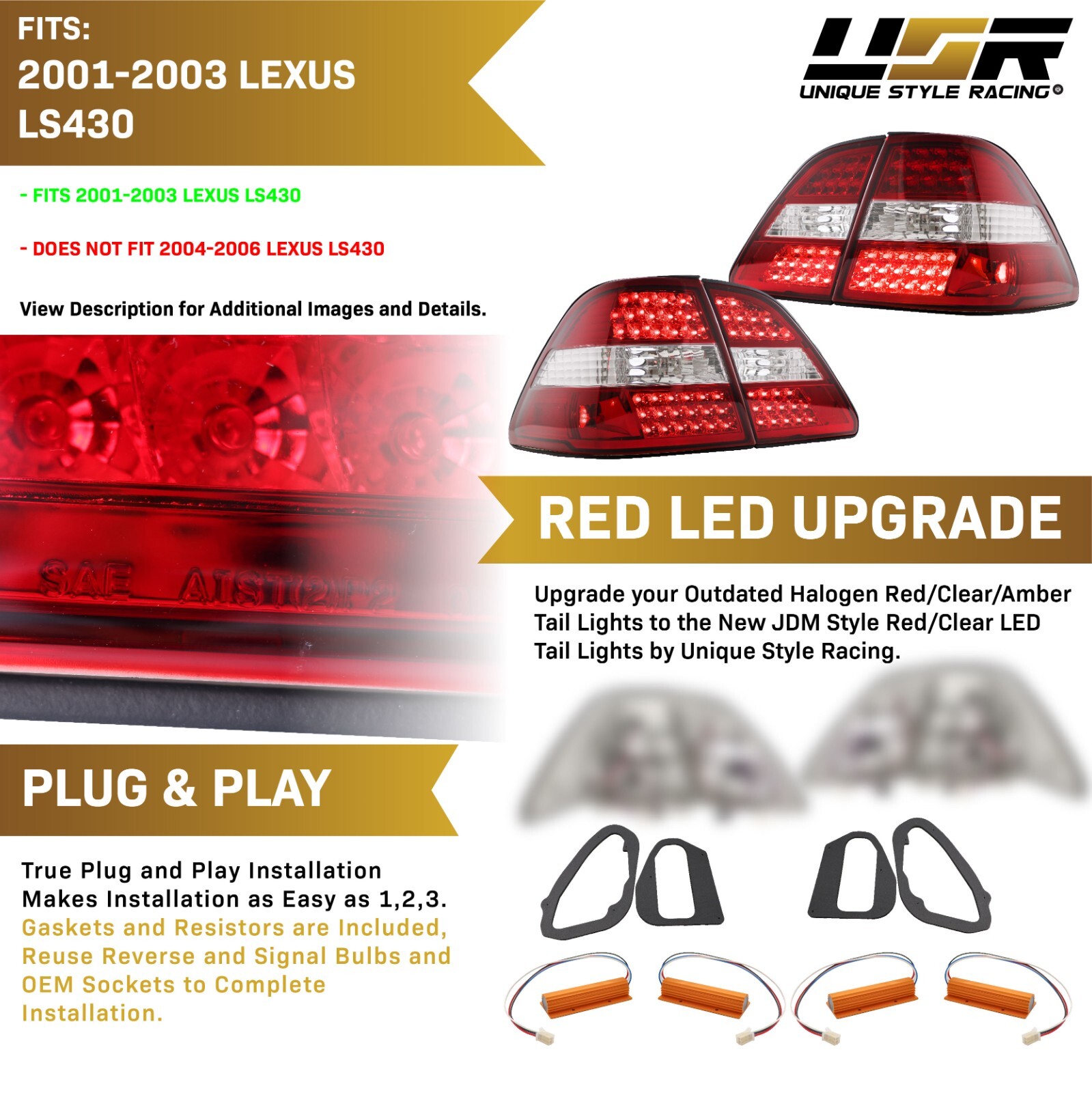 JDM Style LED Upgrade Red/Clear 4 Pc Tail Light For 2001-2003 Lexus ...
