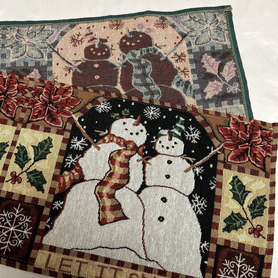 Snowman Table Runner 13x68 Christmas Tapestry Let It Snow Poinsettias ...