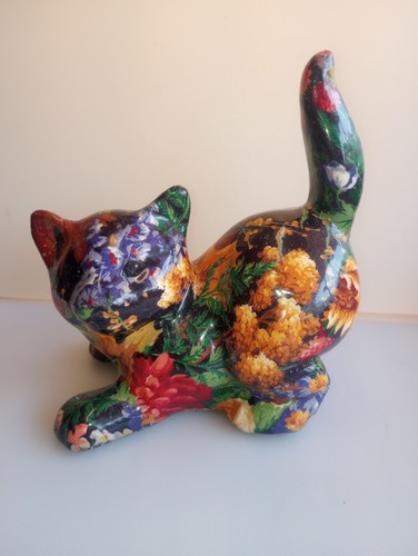 Vtg Patchworks Floral Calico Cat Kitty Blue Spring. 6"L X 6.5"H Fr ...