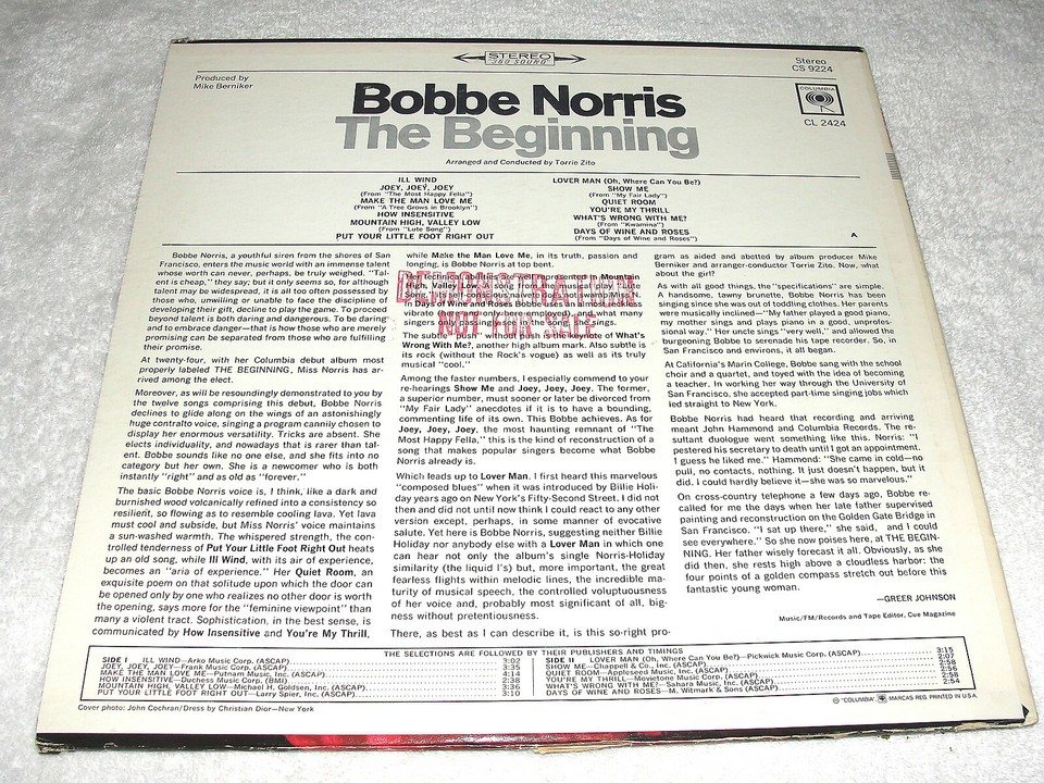 Bobbe Norris "The Beginning!" 1966 Jazz LP, Nice VG++!, Promo Cover ...