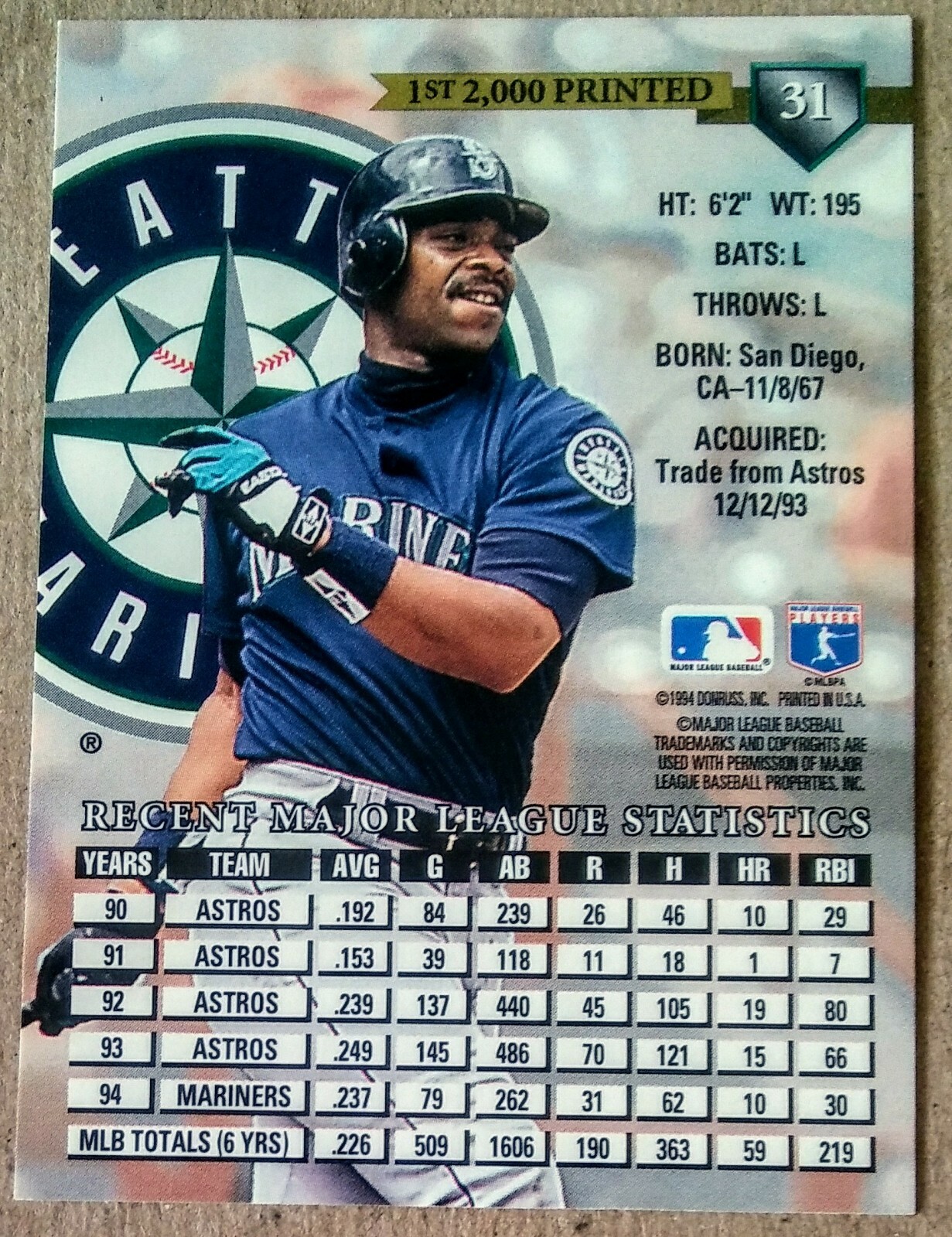1995 DONRUSS PRESS PROOF #31 ERIC ANTHONY BASEBALL INSERT CARD ONLY ...