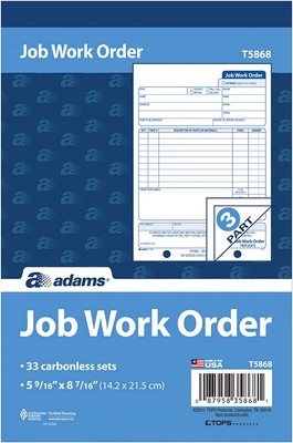 Job Work Order Book, 3-Part Carbonless, White/Canary/White, 5-9/16 x 8 ...