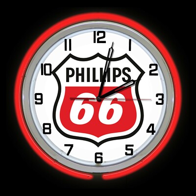 19" Phillips 66 Gas Oil Sign Double Neon Clock RED Neon Chrome Finish ...
