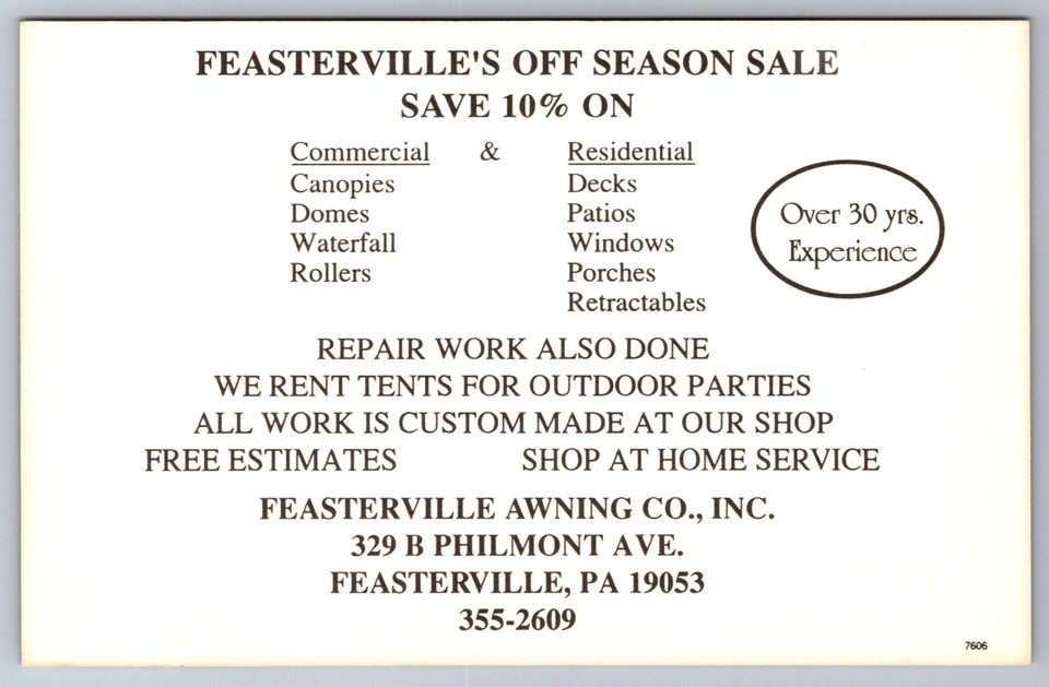 Postcard Feasterville PA Feasterville Awning Co. Advertising | eBay