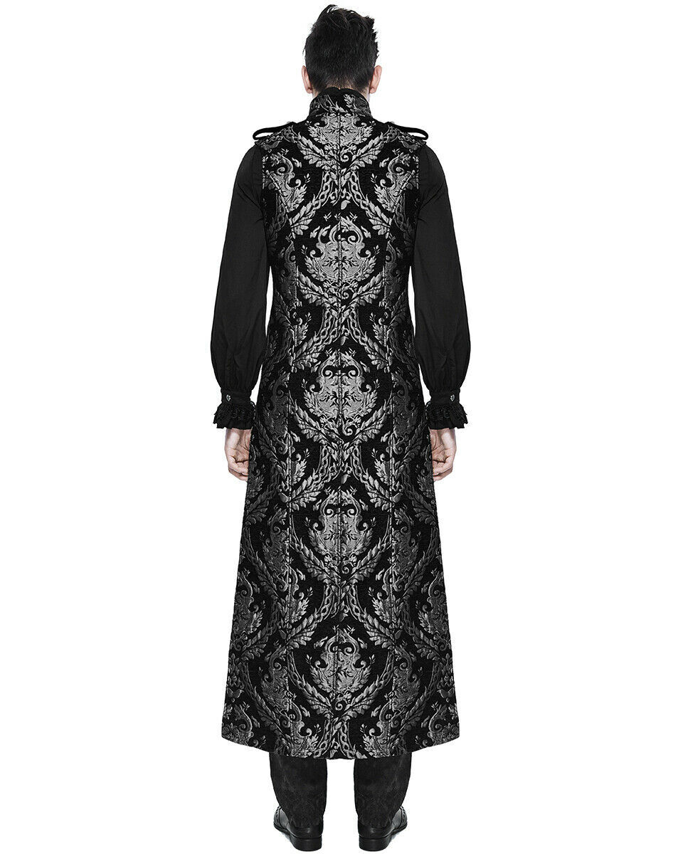 Devil Fashion Mens Long Goth Waistcoat Coat Jacket Black Silver Damask ...