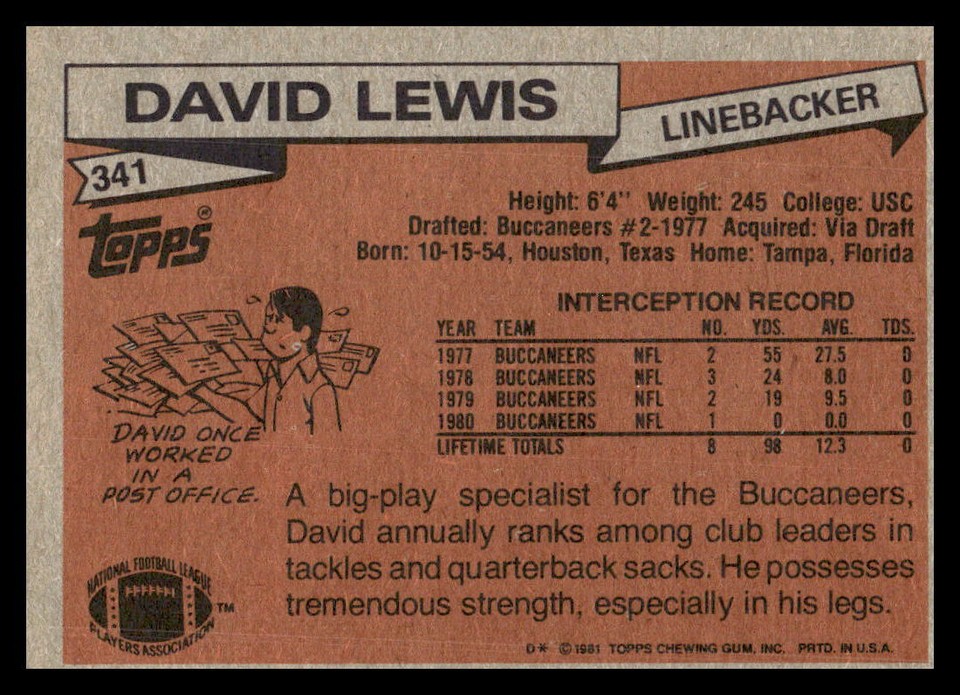 1981 Topps 341 David Lewis Tampa Bay Buccaneers Football Card | eBay
