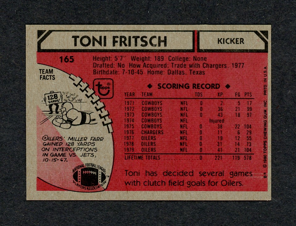 1980 Topps Toni Fritsch Houston Oilers Football Card #165 Near Mint ...