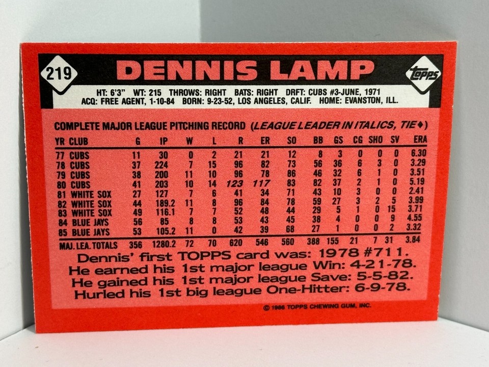 1986 Topps Tiffany #219 Dennis Lamp | eBay