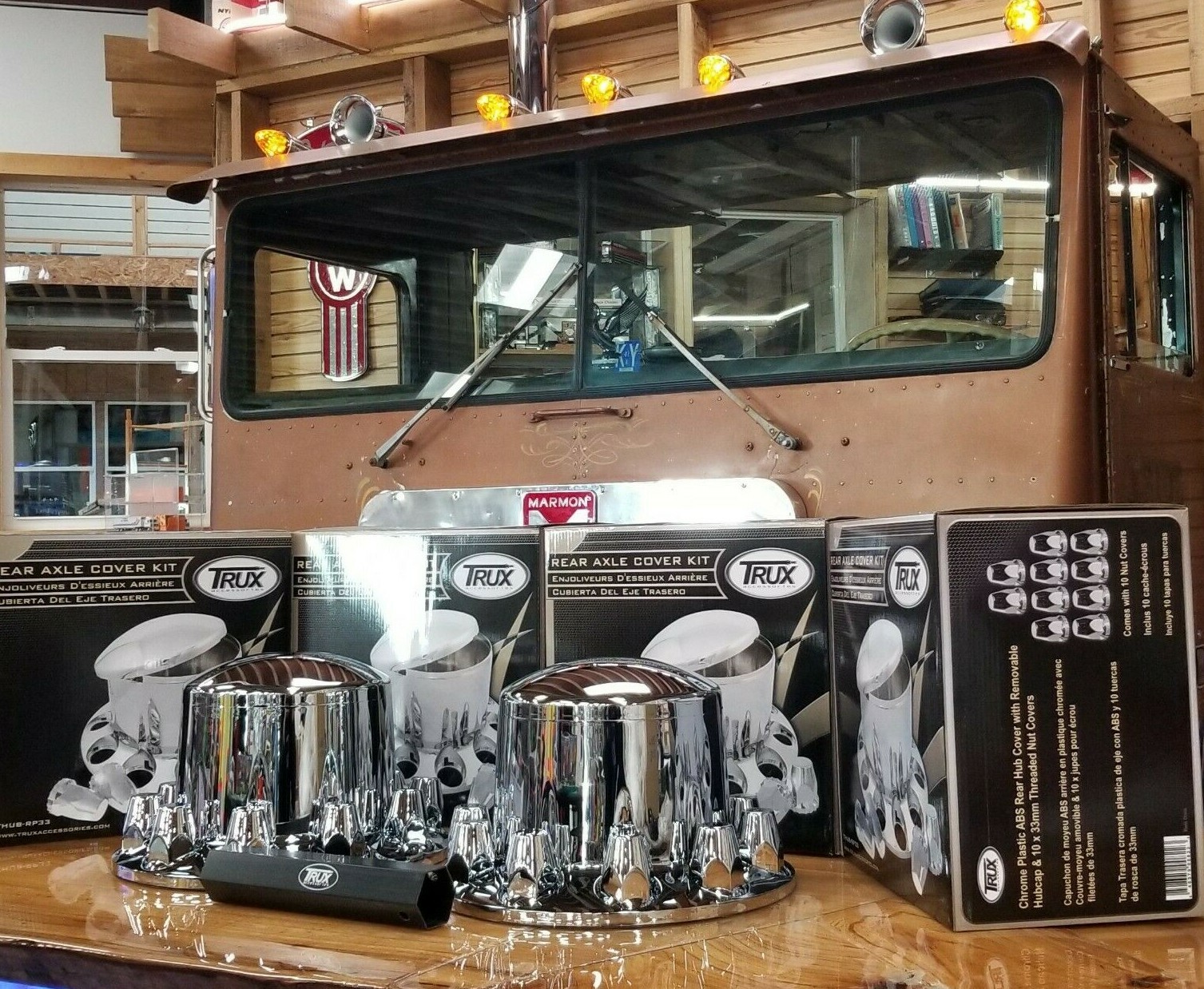 universal 10 lug Chrome Rear Wheel Axle Hub Cover Kit Semi ABS 33mm Nut ...