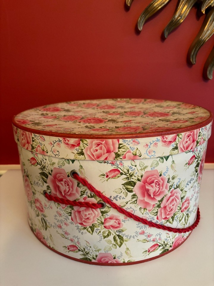 Vintage Hat Box Set of Three Pink Floral with Red Rope Cord Handle | eBay