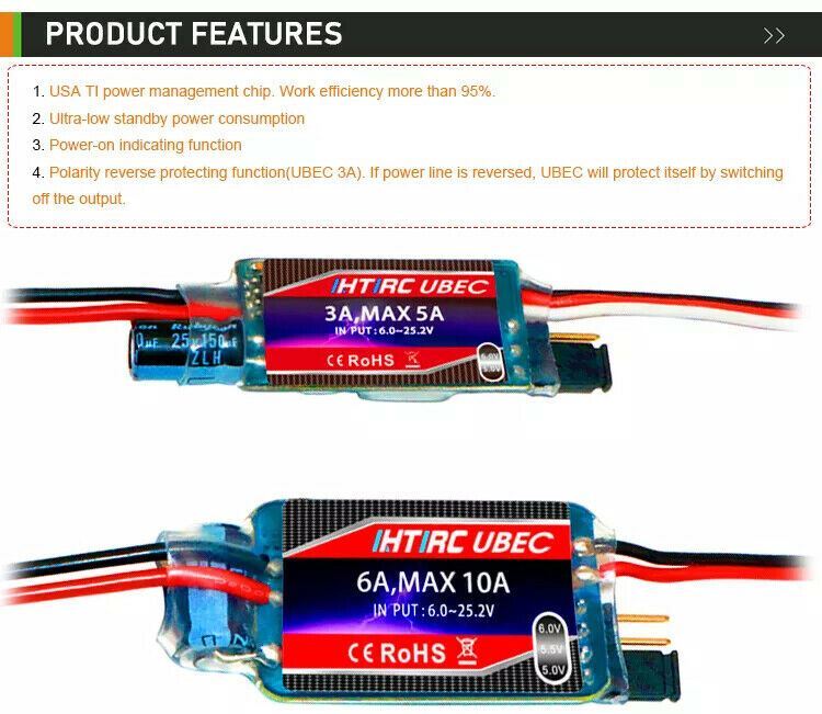 HTIRC UBEC 6a Max 10a, Input 6v-25v 2-6s UBEC Output 5v-5.5v-6v w/ XT60 ...