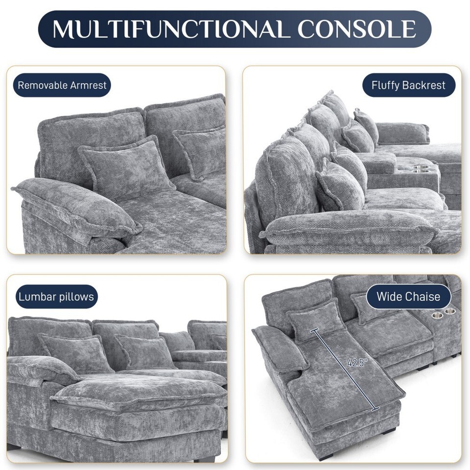 Modern 124" U-Shaped Oversized Sectional Sofa Couch w/Central Console ...