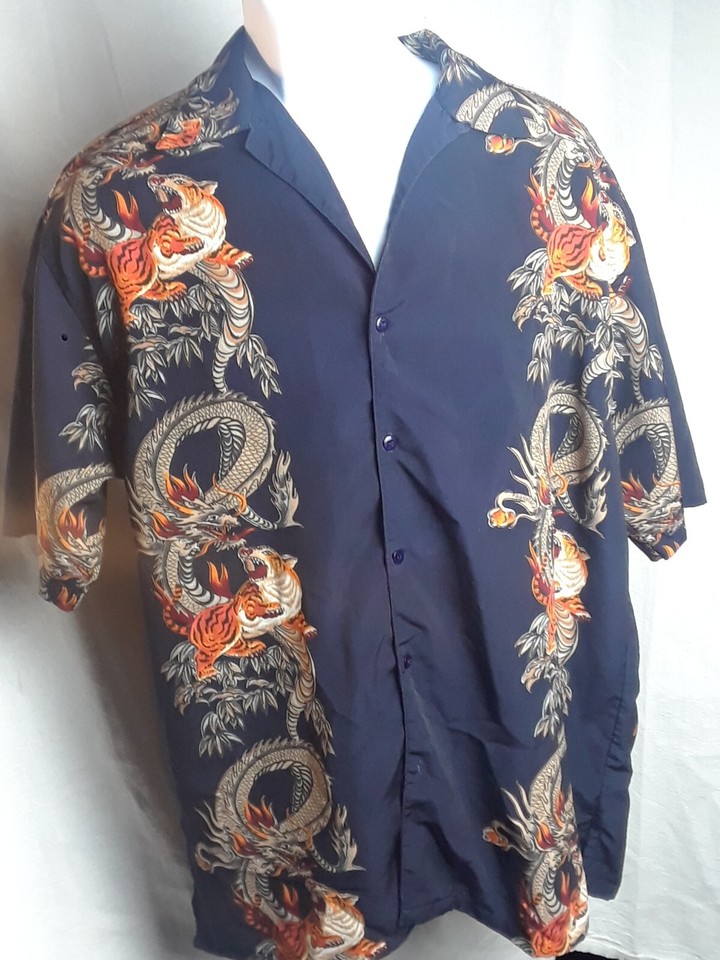 Box-Office Island Shirt M Hawaiian Lizard dragons attack tigers in ...