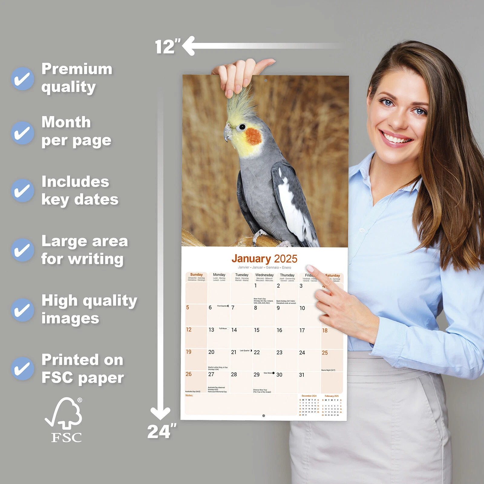 Cockatiels Calendar 2025 Gift Bird Wall Calendar 15% OFF MULTI ORDERS ...