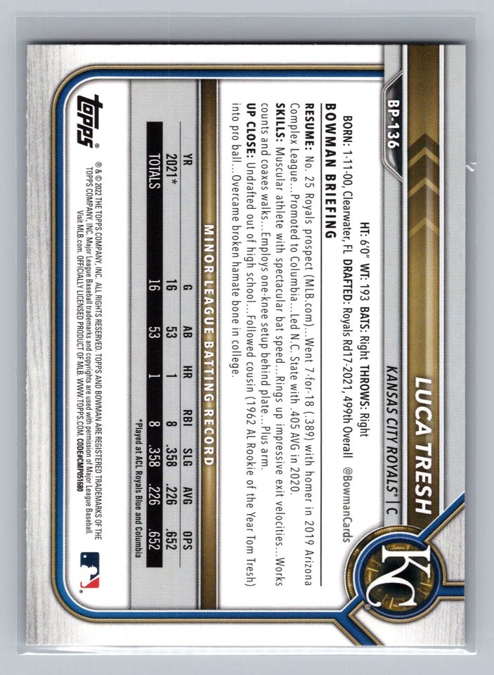 Luca Tresh 2022 Bowman #BP-136 Prospects Kansas City Royals C47 | eBay