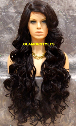 LACE FRONT FULL WIG EXTRA LONG WAVY LAYERED SIDE PART DARK BROWN #2 ...