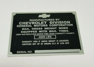 Chevy 1/2 Ton Truck Identification Tag For Left Door Post 1947-1949 ...