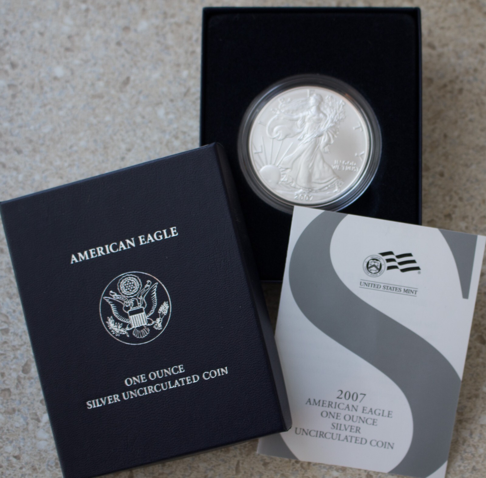 2007 W BU American Silver Eagle Dollar Burnished ASE Coin with Box and ...