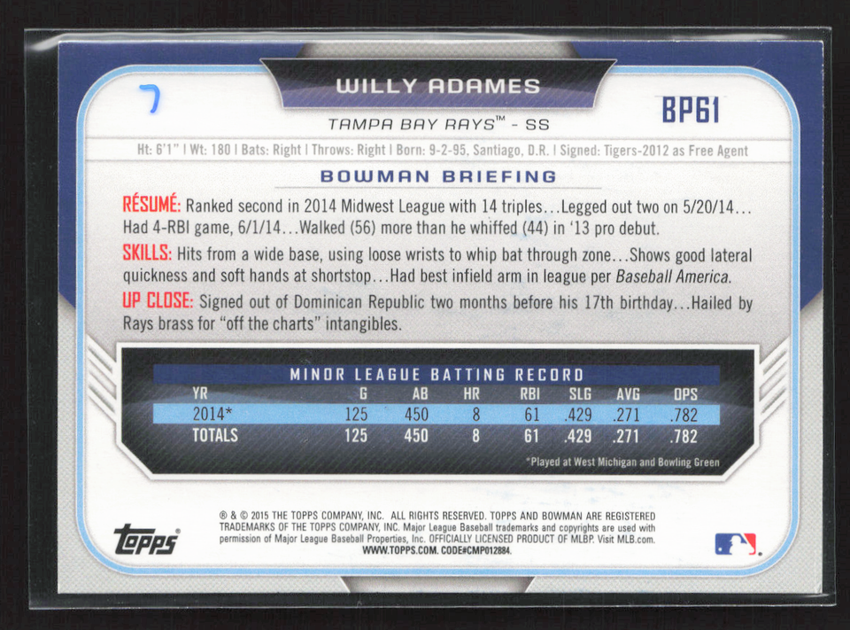 Willy Adames Signed Autograph 2015 1st Bowman Baseball Card #BP61 Tampa ...