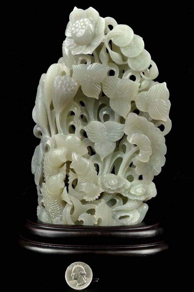 Natural Hetian Nephrite Jade Koi Fish&Lotus Flower Statue Sculpture w ...