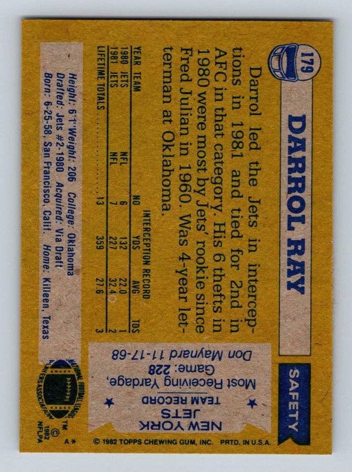 1982 Topps Darrol Ray #179 New York Jets | eBay