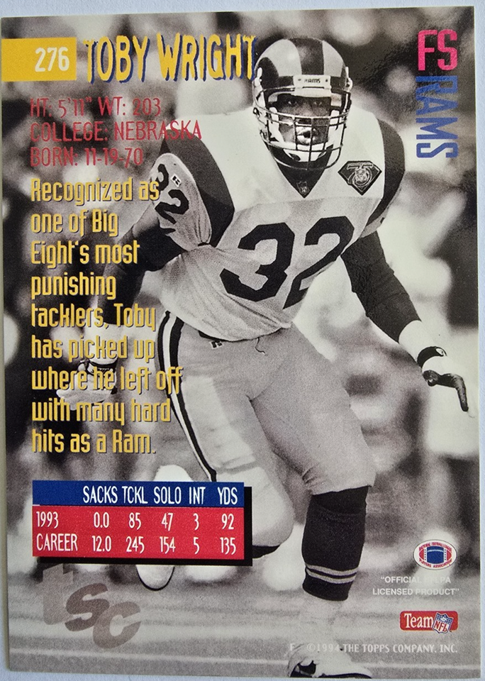 Toby Wright, 1994 Topps Stadium Club Rookie, Los Angeles Rams, Safety, Card 276 | eBay