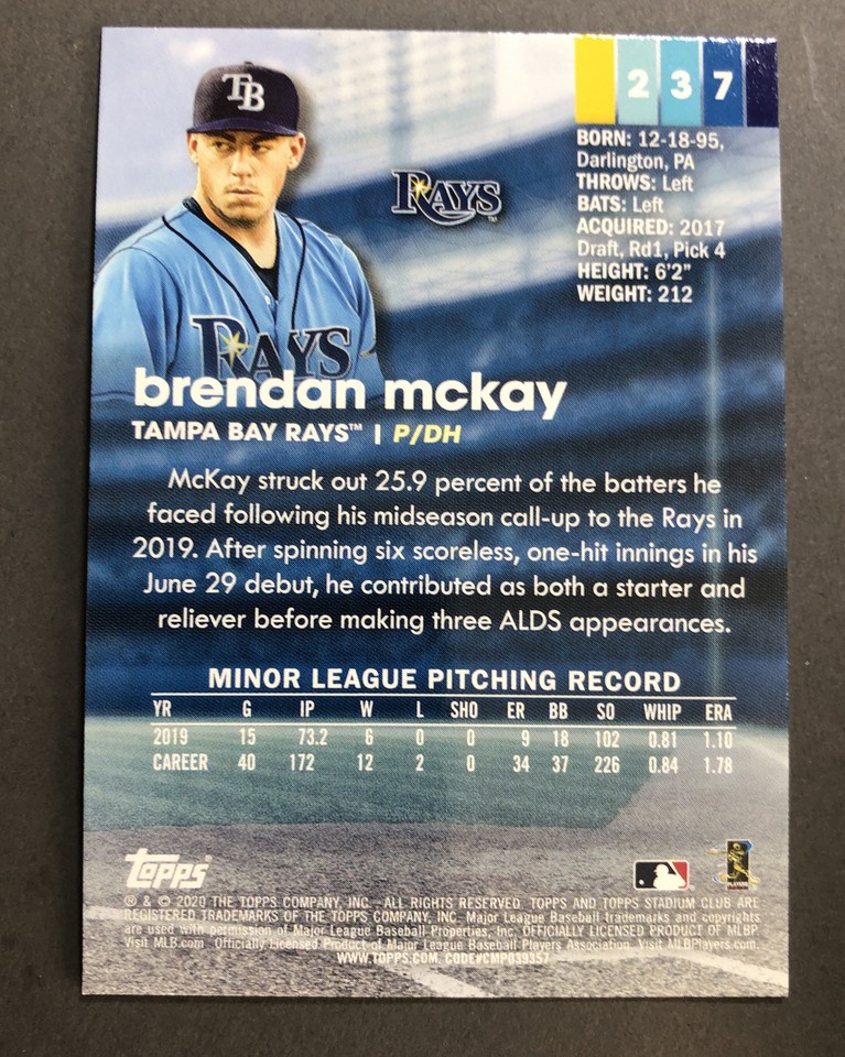2020 Topps Stadium Club BRENDAN MCKAY Base Rookie Card #237 Rays RC | eBay