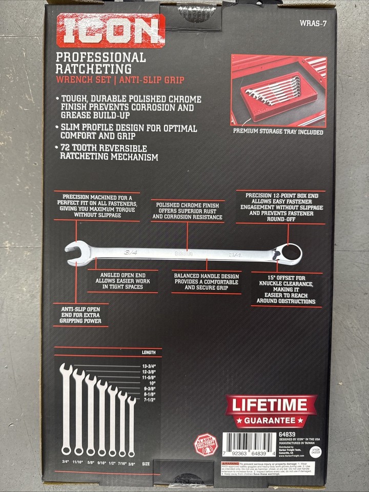 Icon Ratcheting Wrench Set Anti Slip Grip WRAS-7 7 Piece Set SAE ...