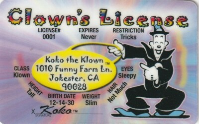 Official CLOWN drivers License id card KOKO the KLOWN driver's i.d ...