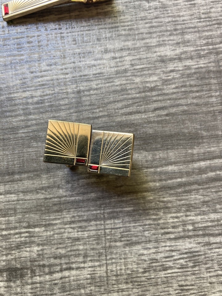Anson Mens Gold Toned Red Stoned Cufflinks Jewelry Set & Tie Bar Clip ...