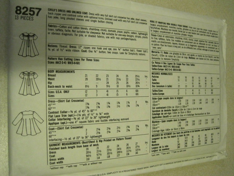 CHILD'S DRESS & COAT Vintage SIMPLICITY 8257 Easy to Sew Sewing Pattern UNCUT | eBay