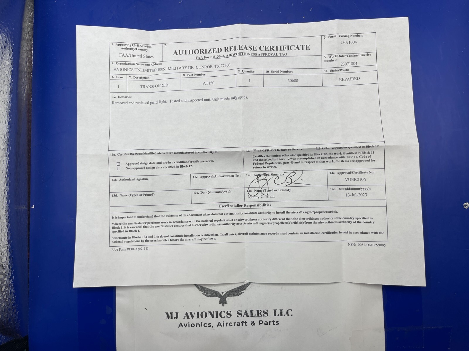 NARCO AT150 TSO TRANSPONDER P/N AT 150 WITH FAA FORM 8130-3 | eBay