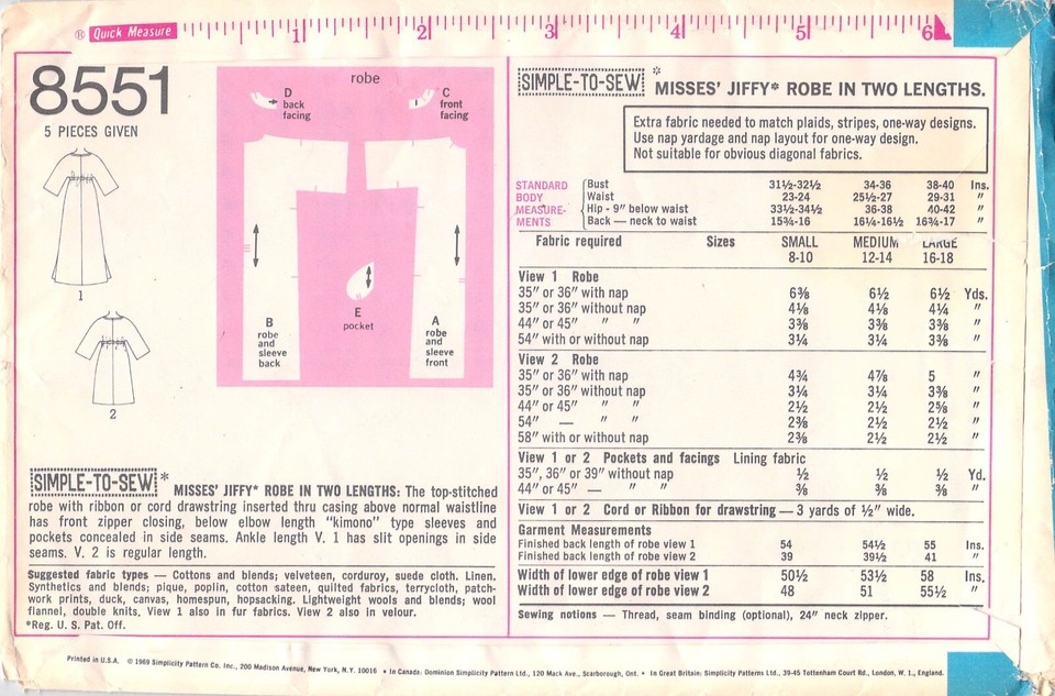 Simplicity 8551 Misses' Jiffy* Robe in Two Lengths Size Small 8 - 10 ...