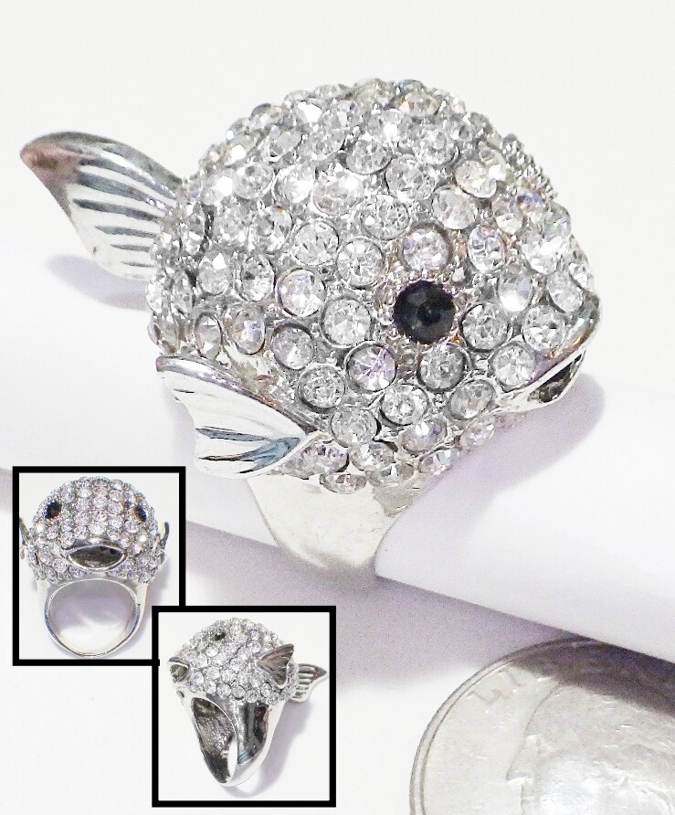Unusual Whimsical Large Pave Rhinestone Puffer Fish Ring White Gold ...