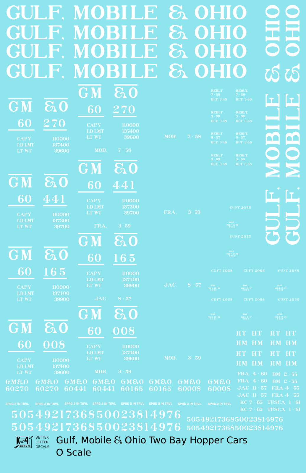 K4 O Scale Decals Gulf Mobile and Ohio GM&O Twin Hopper Car White Big ...