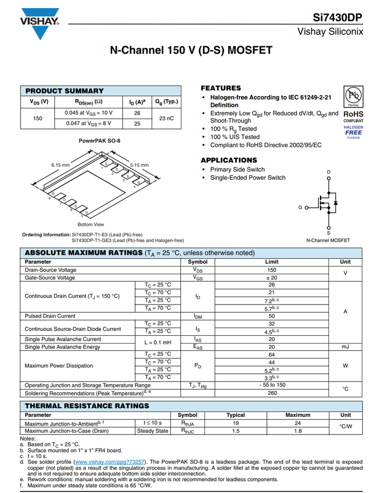 5X SI7430DP-T1-GE3 7430 VISHAY N-Ch MOSFET 150V 26A 45mOhm 64W PPAK SO ...