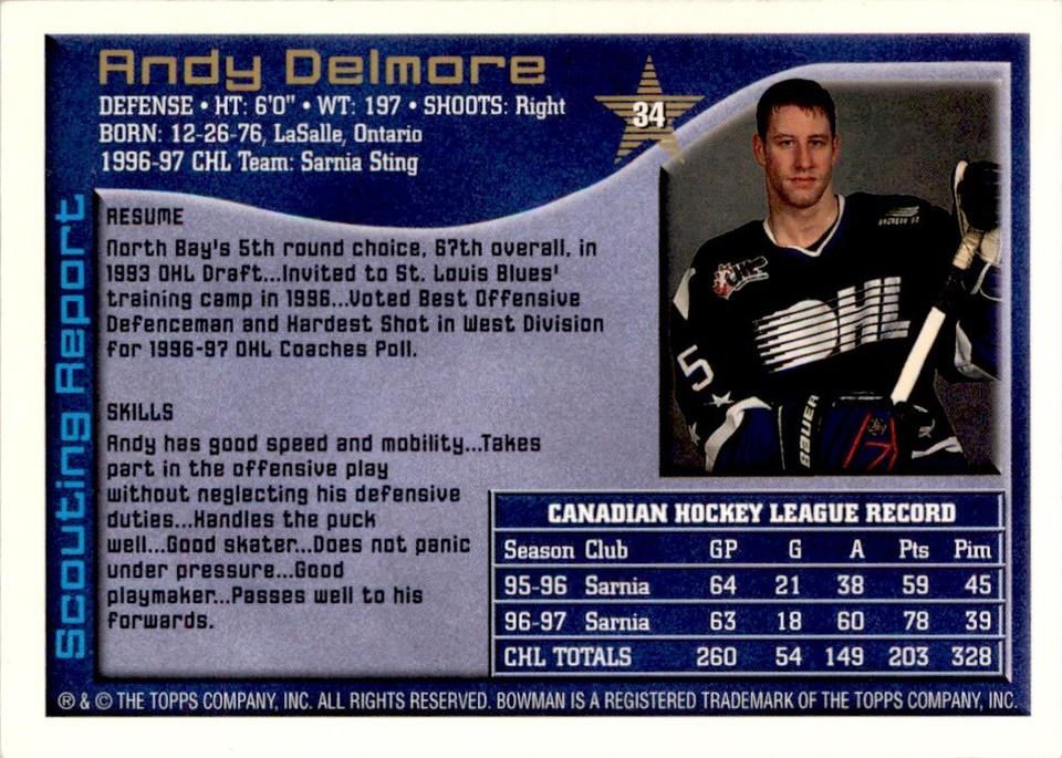 1997-98 Bowman CHL Andy Delmore Auto Sarnia Sting #34 NO COA | eBay