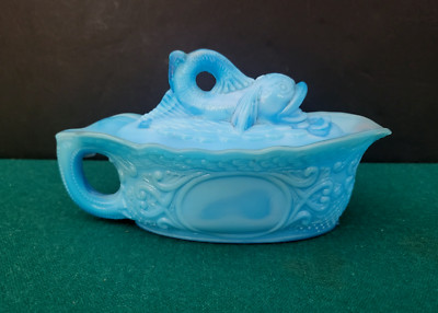 Vintage Blue Milk Glass Dolphin Serpent Handle Covered Gravy Boat ...