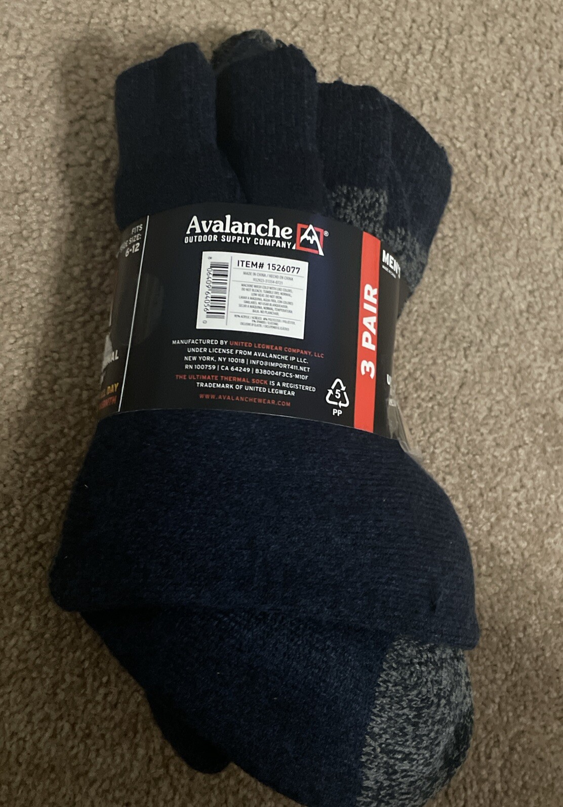 Avalanche Thermal Crew Socks Men Fits 6-12 Blue Gray 3 Pack Pair All ...