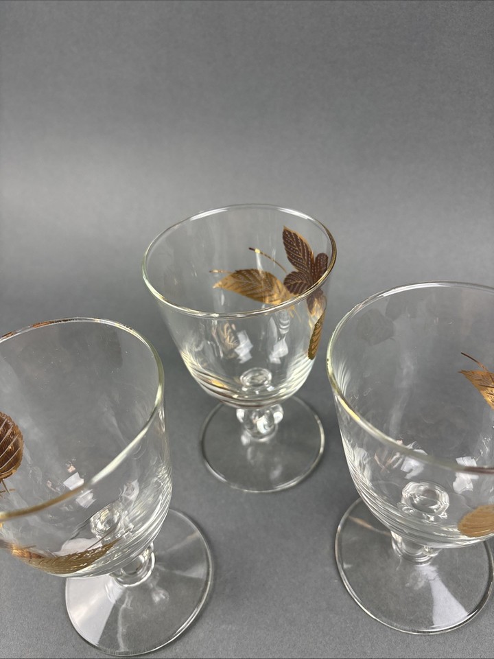 Libbey Water Goblet Glasses Gold Leaves Set of 3 Vintage Elegant Glass ...