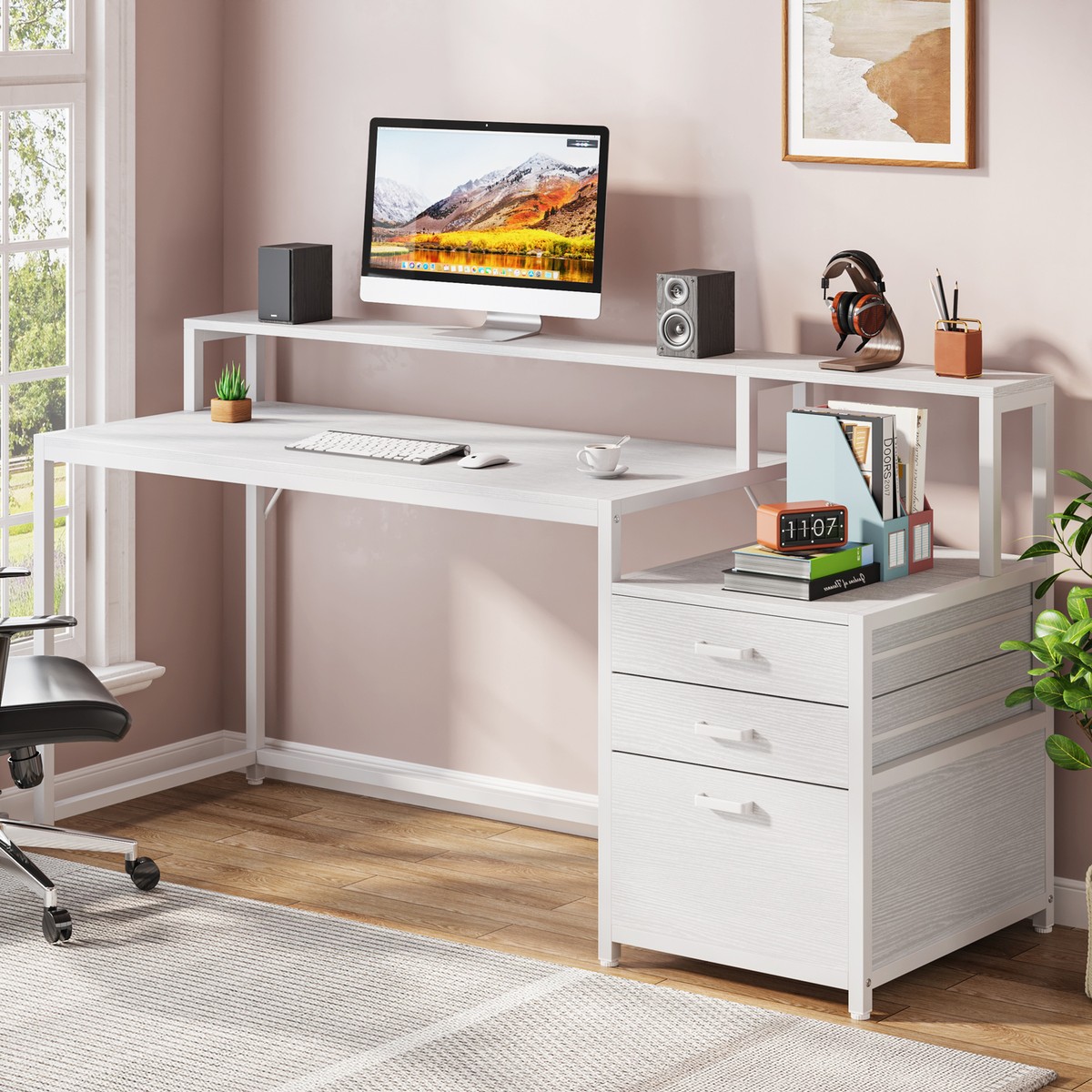 White Computer Desk With File Cabinet 60" Modern White Double Pedestal