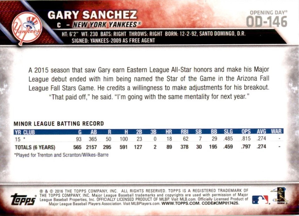 2016 Topps Opening Day Gary Sanchez Rookie New York Yankees #OD-146 MLB ...