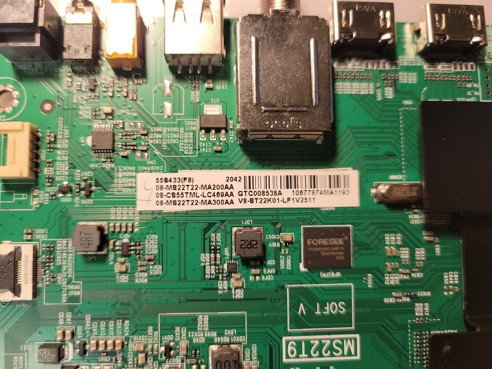 TCL 55S433 (F8) MAIN BOARD PN: 08-CS55TML-LC469AA BN: 40-MS22T5-MAA2HG ...