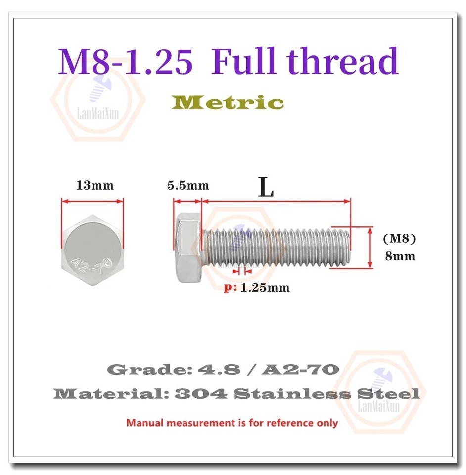 M6 M8 Metric Full thread 304 Stainless Steel Hex Head Bolts Hexagon ...