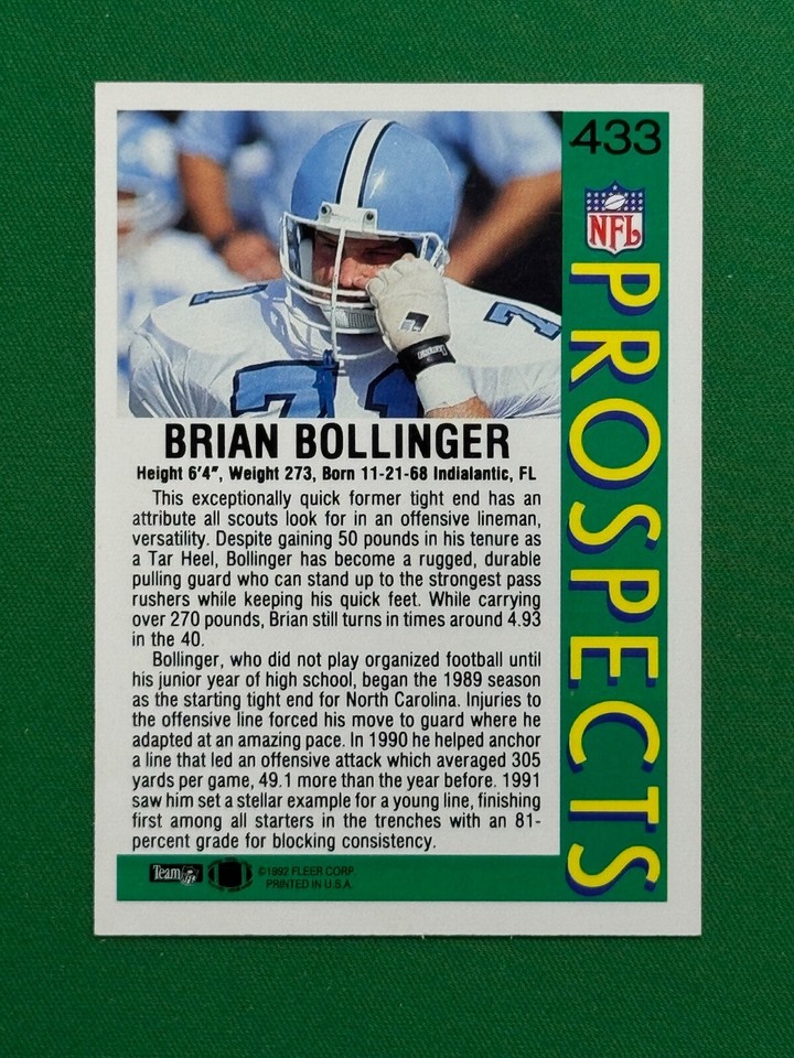 1992 Fleer Football Prospects #433 Brian Bollinger RC | eBay