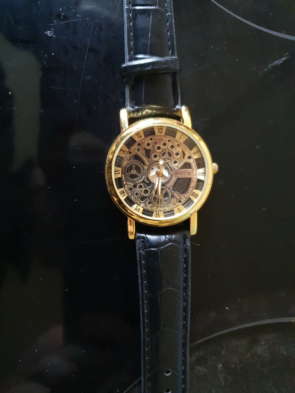 Rovite Gold & Black Skeleton Automatic Men's Watch | eBay UK