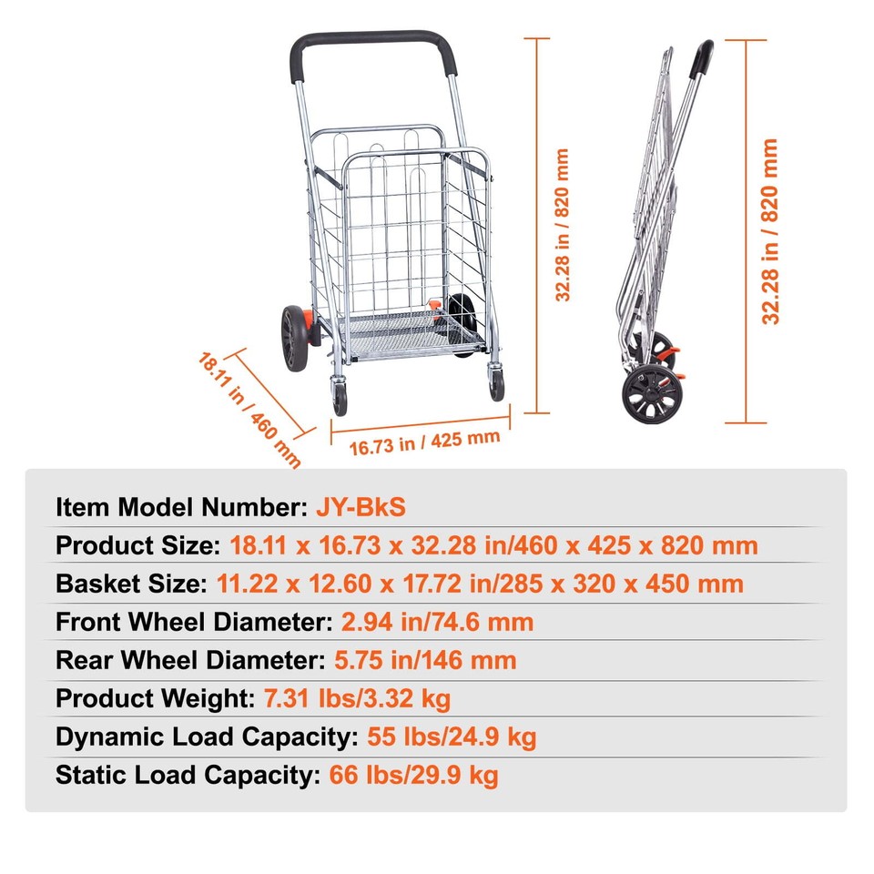 Collapsible Shopping Trolley, Supports up to 66 lbs, Grocery Transport ...